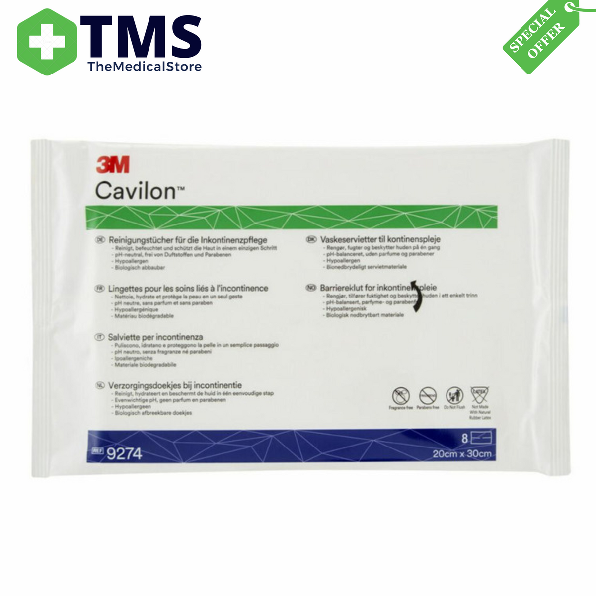 3M Cavilon Continence Care Wipes 20cm x 30cm - Pack of 8 - (9274 ...